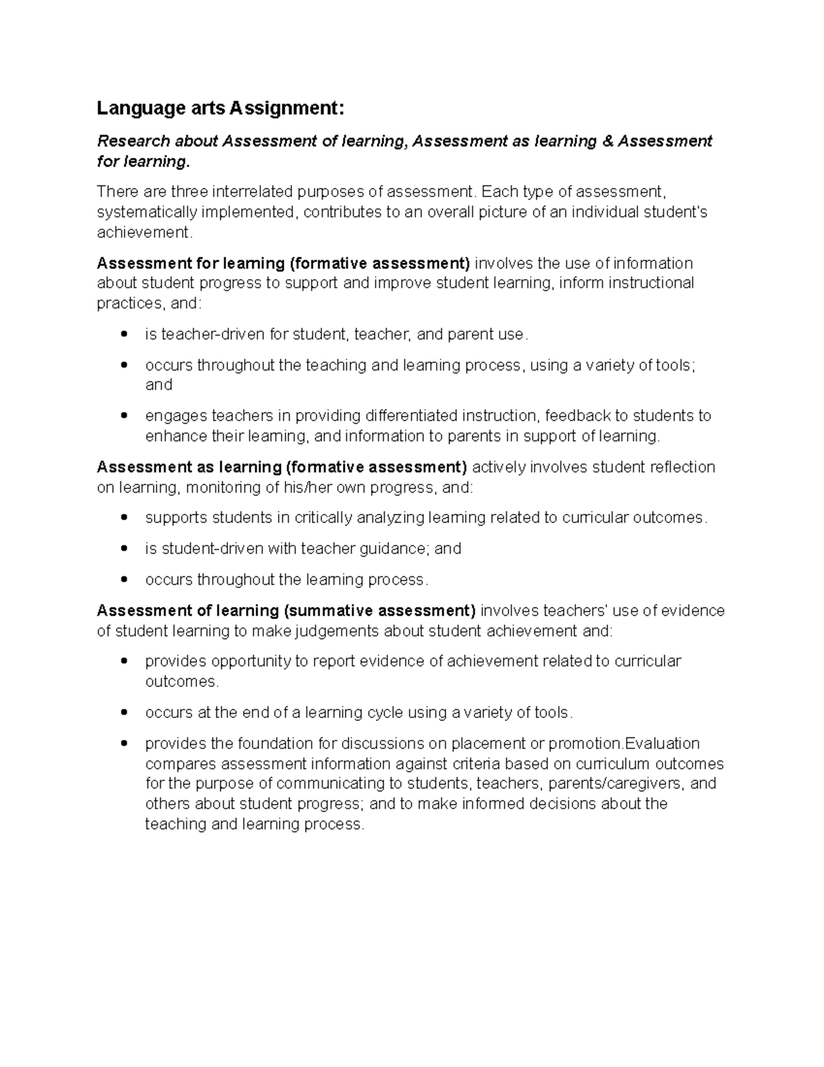 Language arts Assignment - Language arts Assignment: Research about Assessment of learning ...