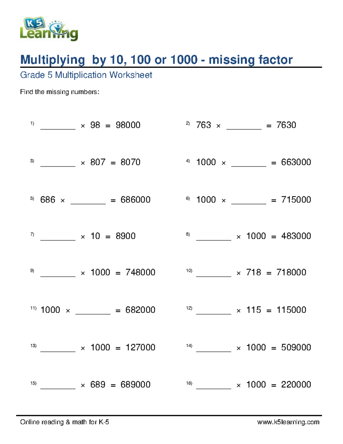Grade 5 multiply by 10 100 1000 a - Online reading & math for K-5 ...