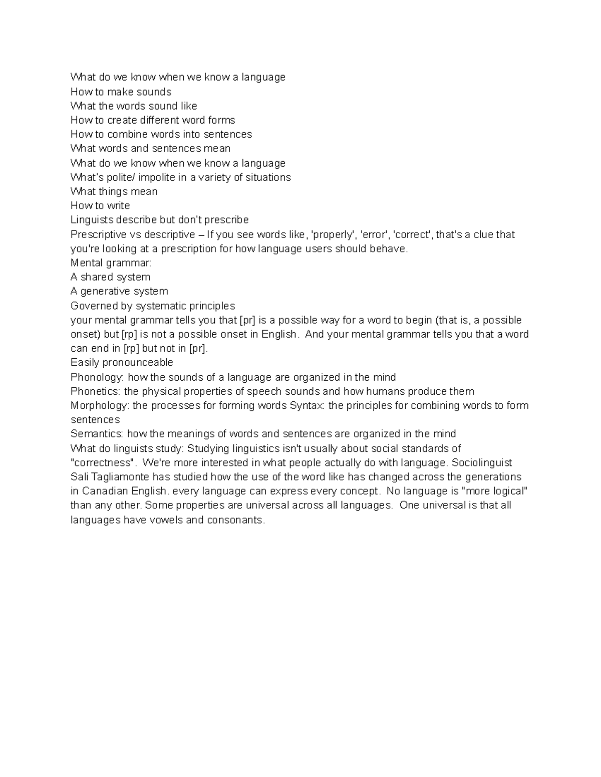 Linguistics module 1 notes - What do we know when we know a language ...