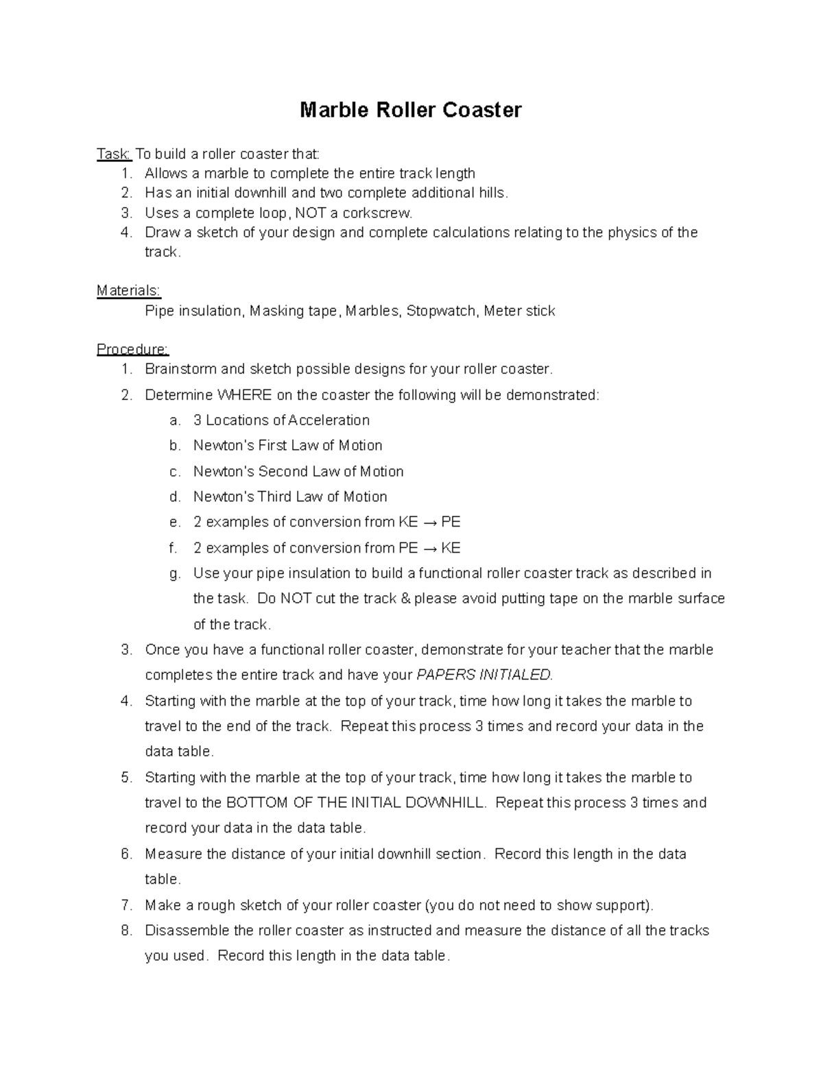 WO 8 - Marble Roller Coaster Project - Marble Roller Coaster Task: To ...