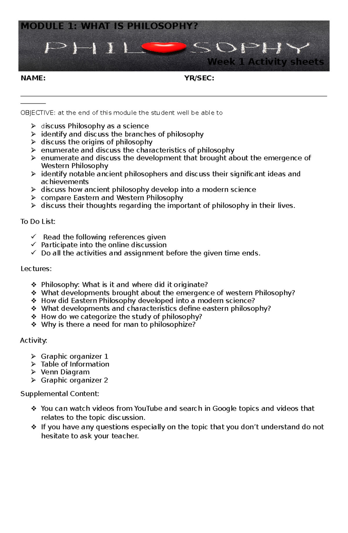 Module 1 Philo activity sheets - MODULE 1: WHAT IS PHILOSOPHY? Week 1 ...