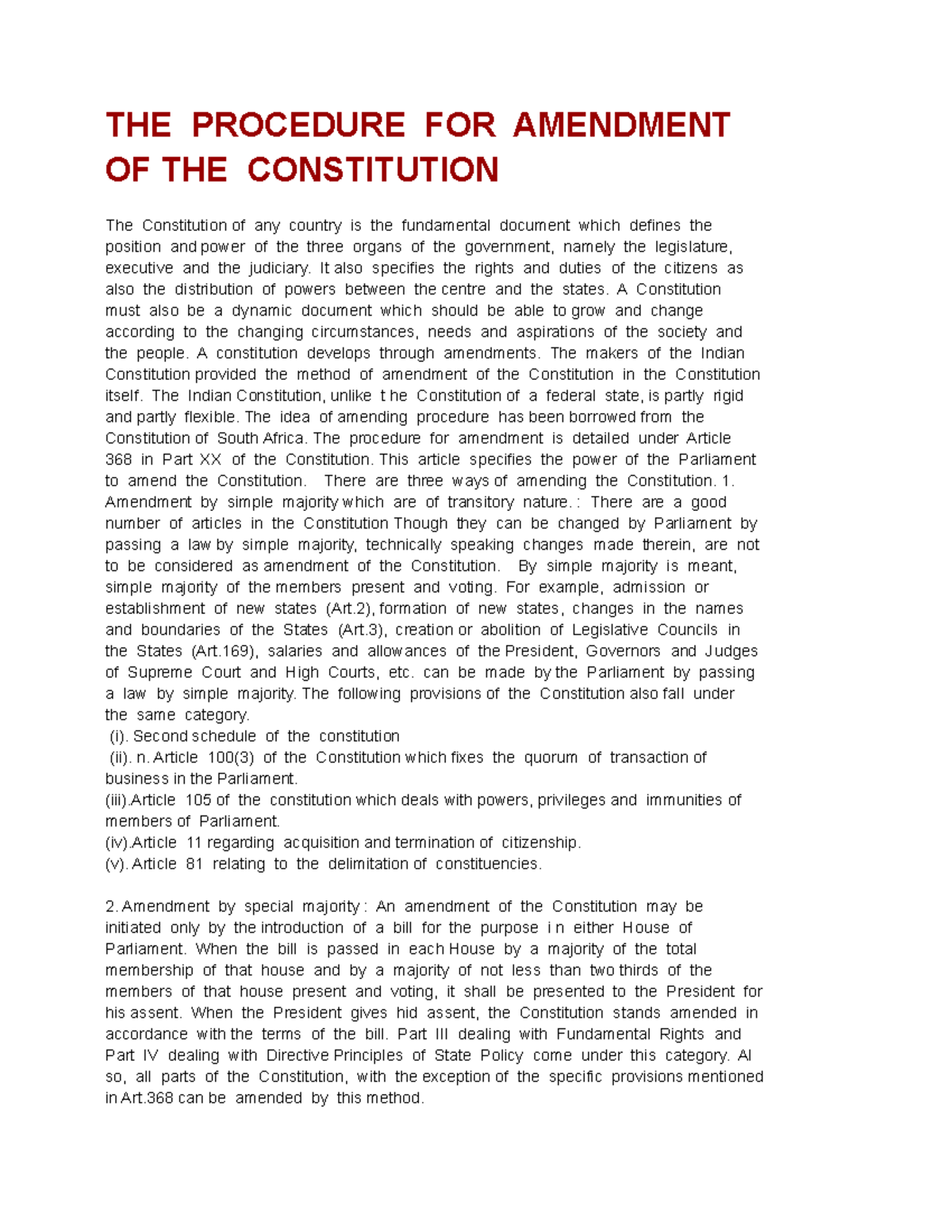 THE Procedure FOR Amendment OF THE Constitution - THE PROCEDURE FOR ...