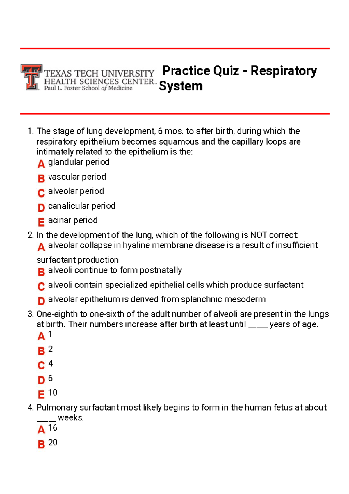 Practice Quiz - Development of the Respiratory System - Practice Quiz ...