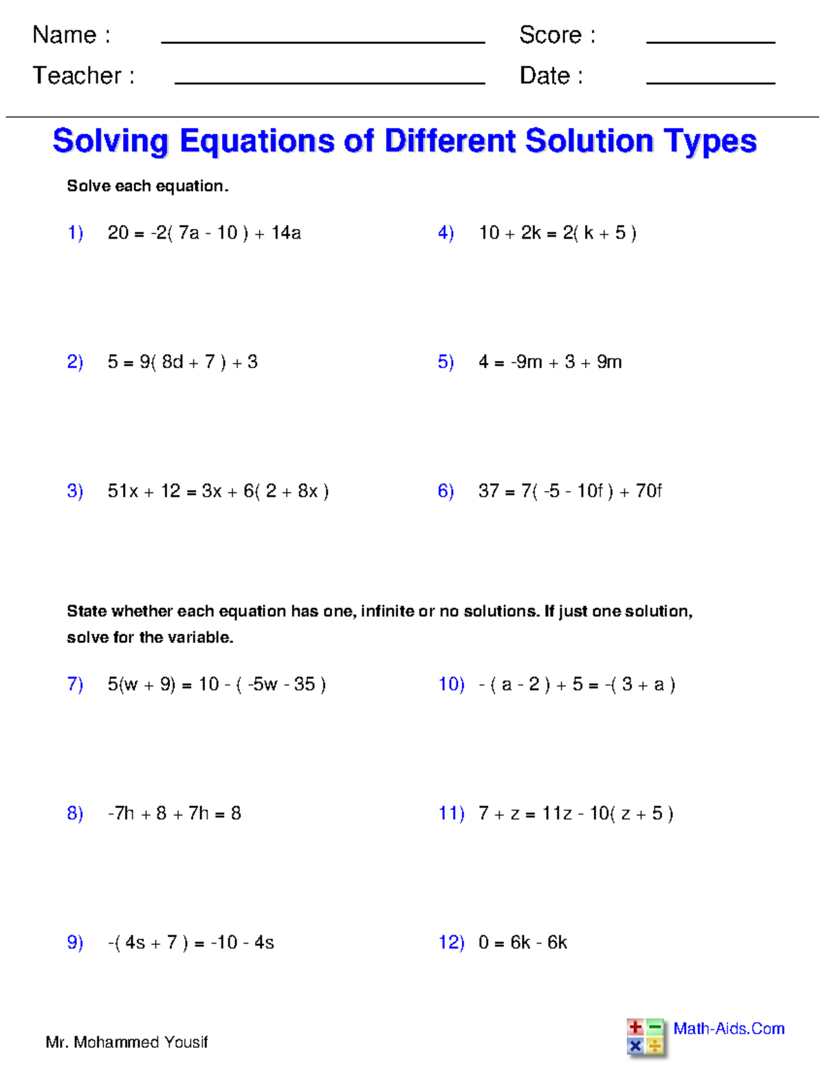 Algebra 1 equations Determine Solution Type - Solve each equation. State whether each equation ...