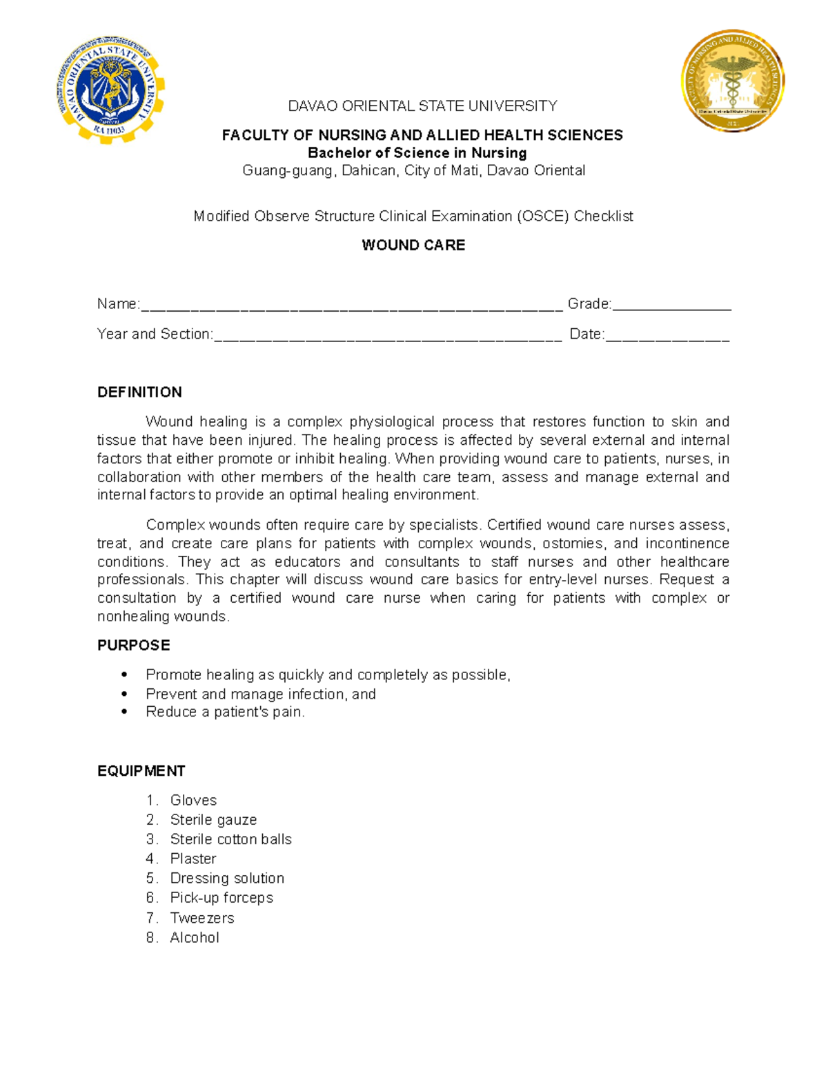 Wound-Care-Checklist-1 - DAVAO ORIENTAL STATE UNIVERSITY FACULTY OF ...