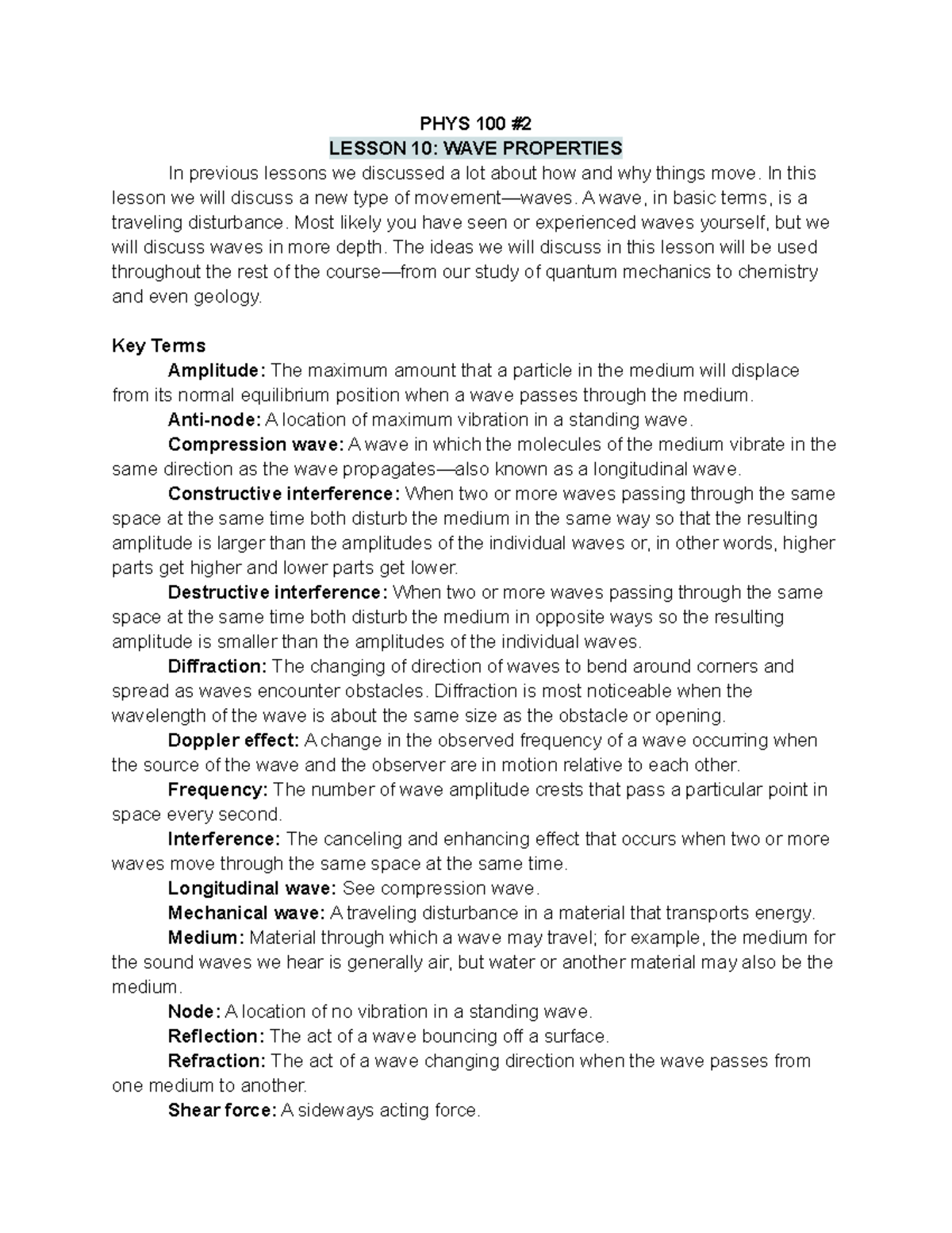 PHY S 100 - Chapters 10-17 Notes (Part 2) - PHYS 100 LESSON 10: WAVE ...