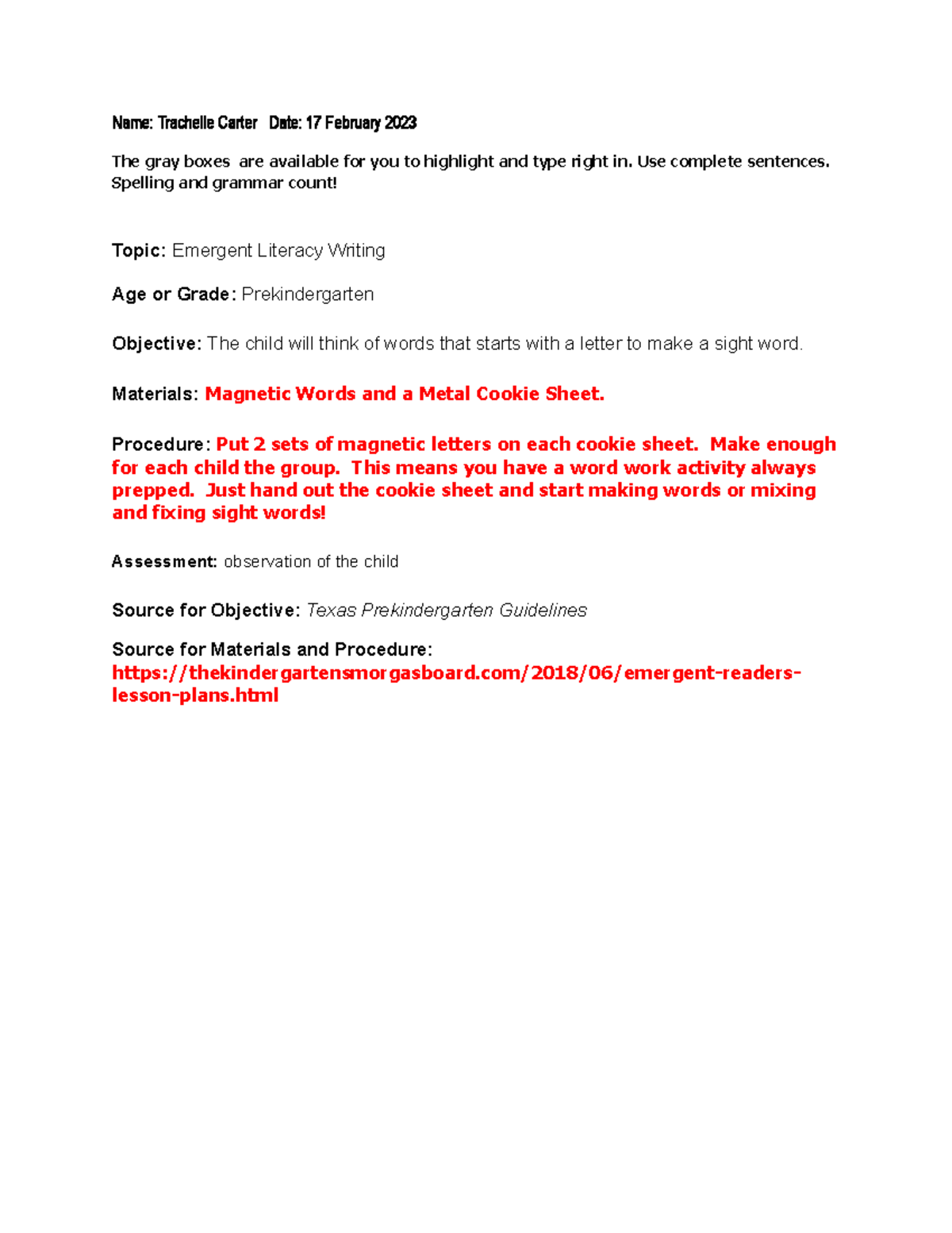 Emergent Literacy Writing Template-1 - Name: Trachelle Carter Date: 17 ...