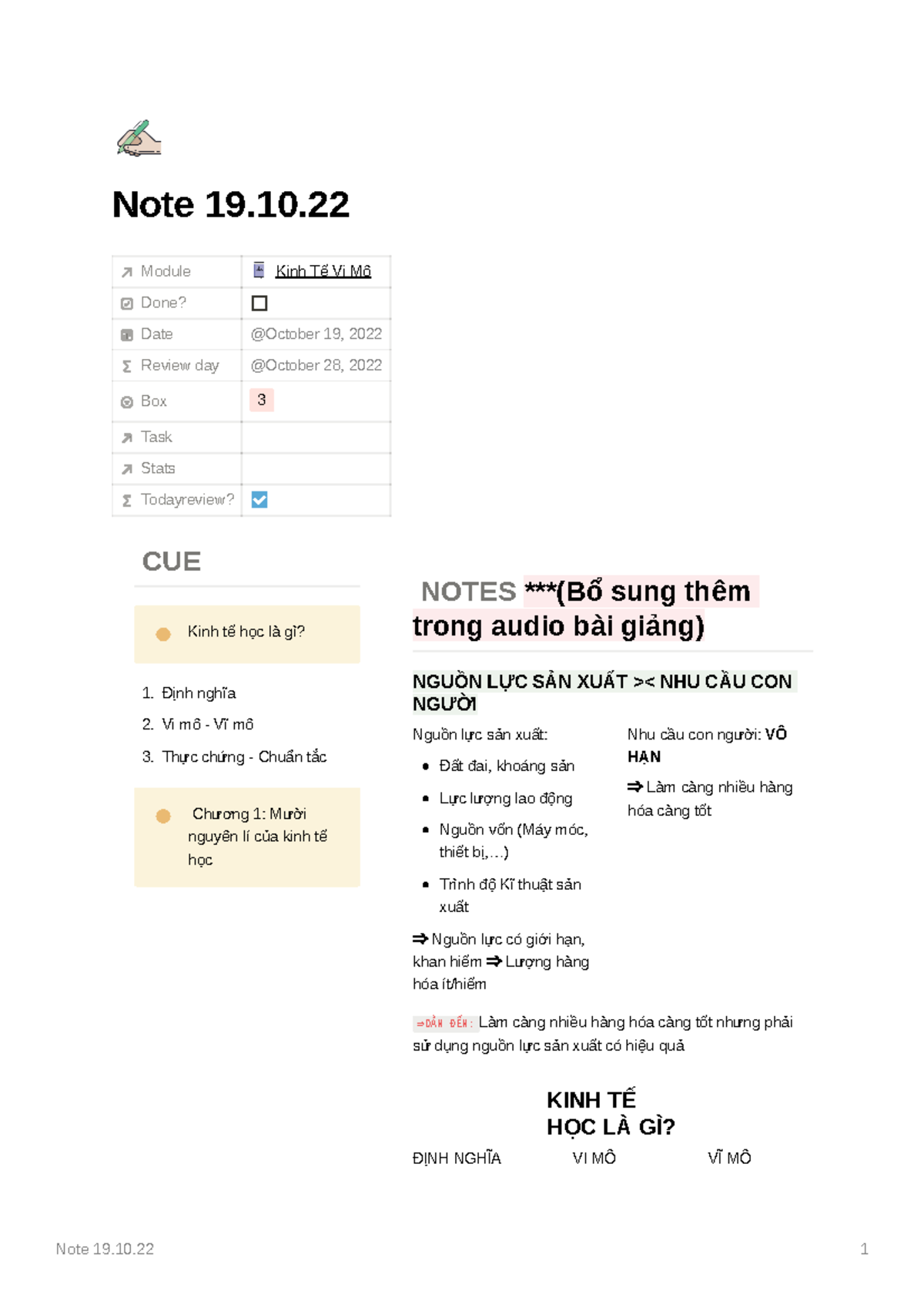 Note KTVM - Mười nguyên lý kinh tế - Note 19. Module Kinh Tế Vi Mô Done? Date Review day Box 3 ...