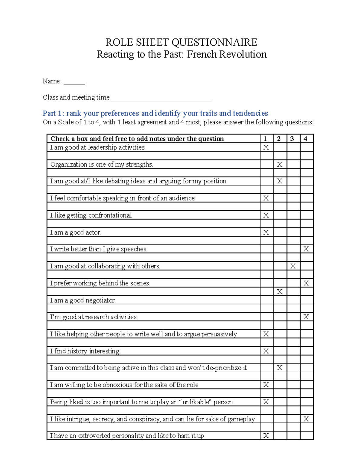 Role sheet questionnaire - ROLE SHEET QUESTIONNAIRE Reacting to the ...