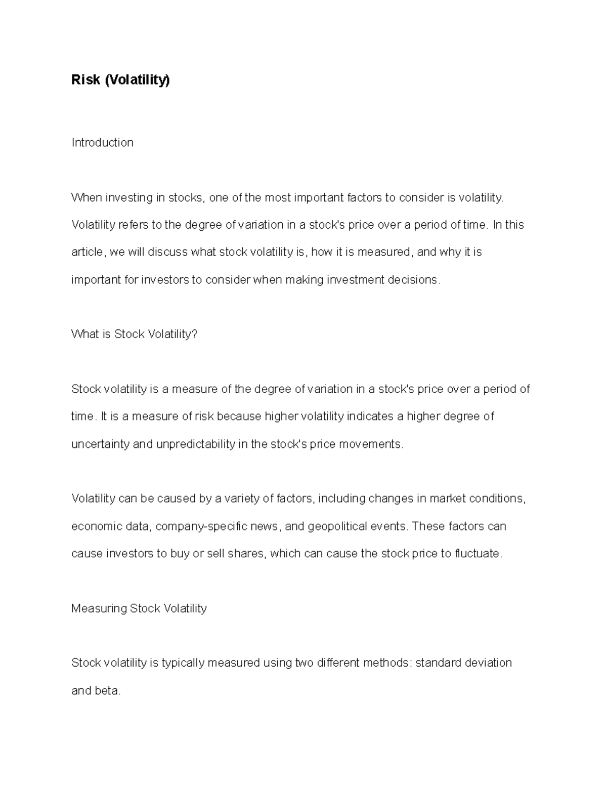 Risk (Volatility) - These notes are crucial for the course. Depending ...