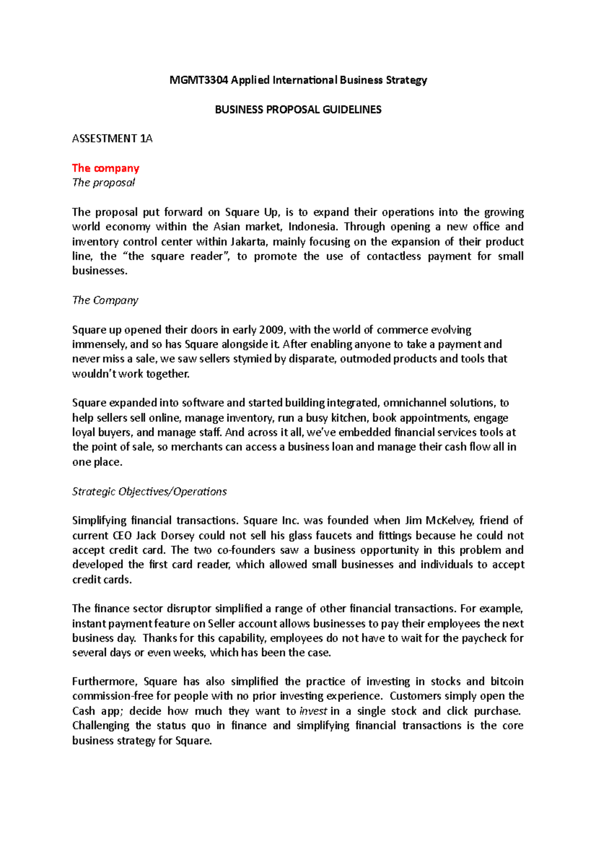 Assestment 1A Propsal - MGMT3304 Applied International Business ...