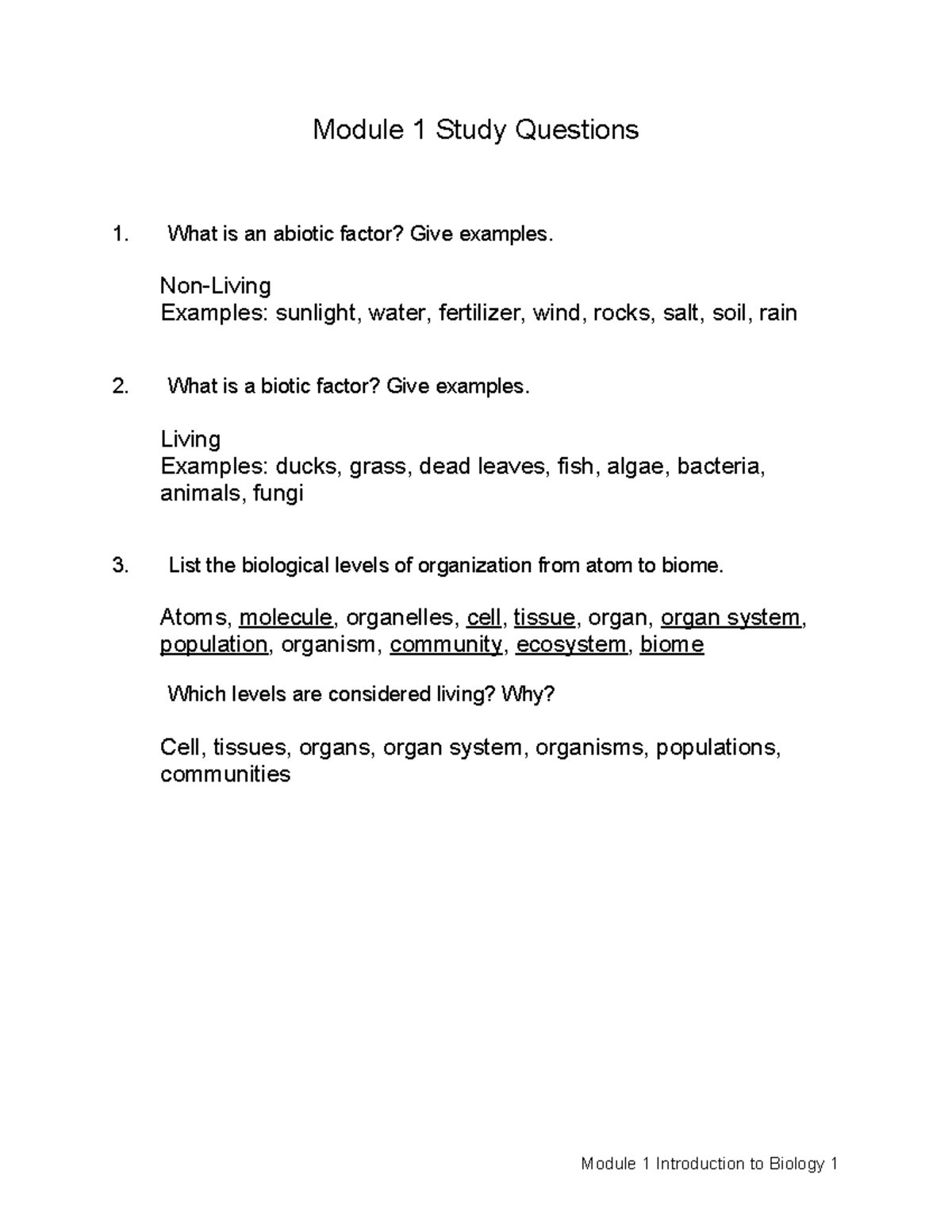 C190 - Bio - Module 1 - Module 1 Study Questions 1. What is an abiotic ...