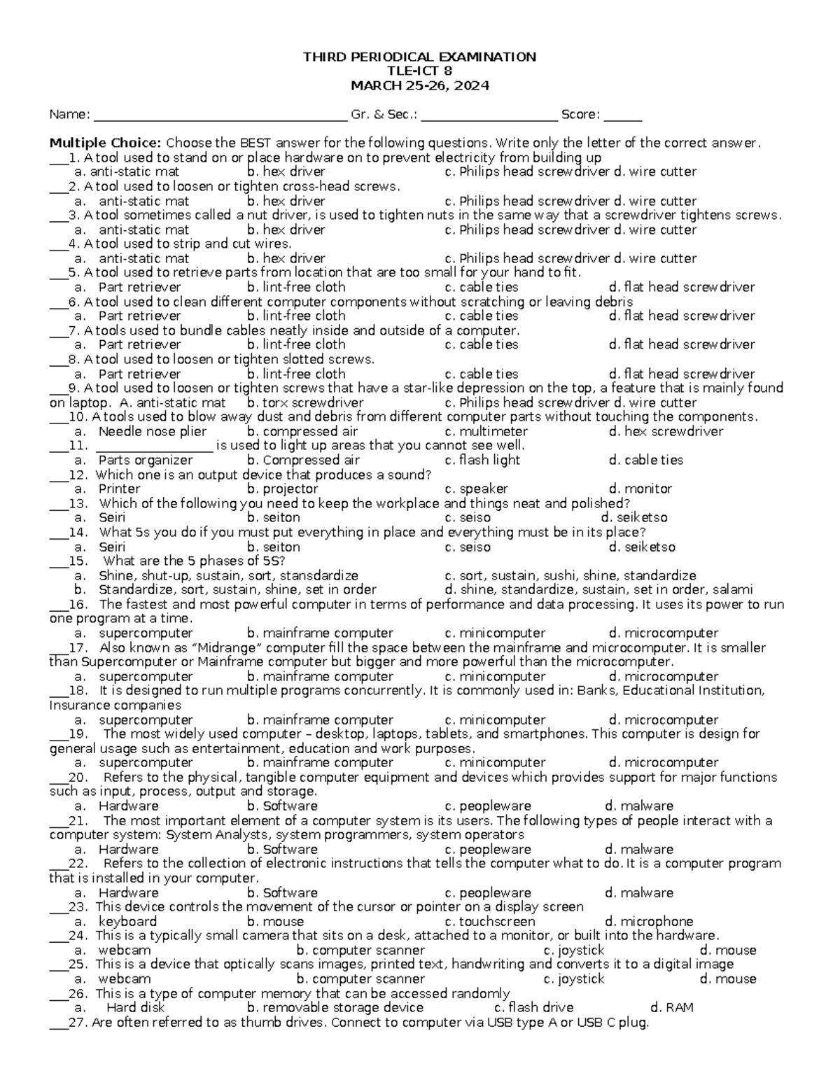 Third Periodical Examination ICT8 - THIRD PERIODICAL EXAMINATION TLE ...