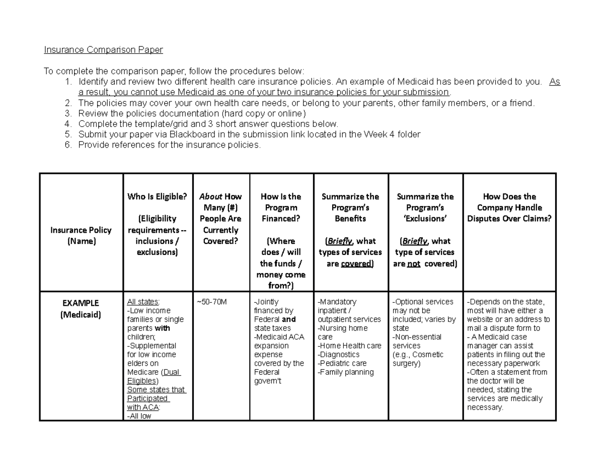 Insurance Comparison Paper-Template - Insurance Comparison Paper To ...