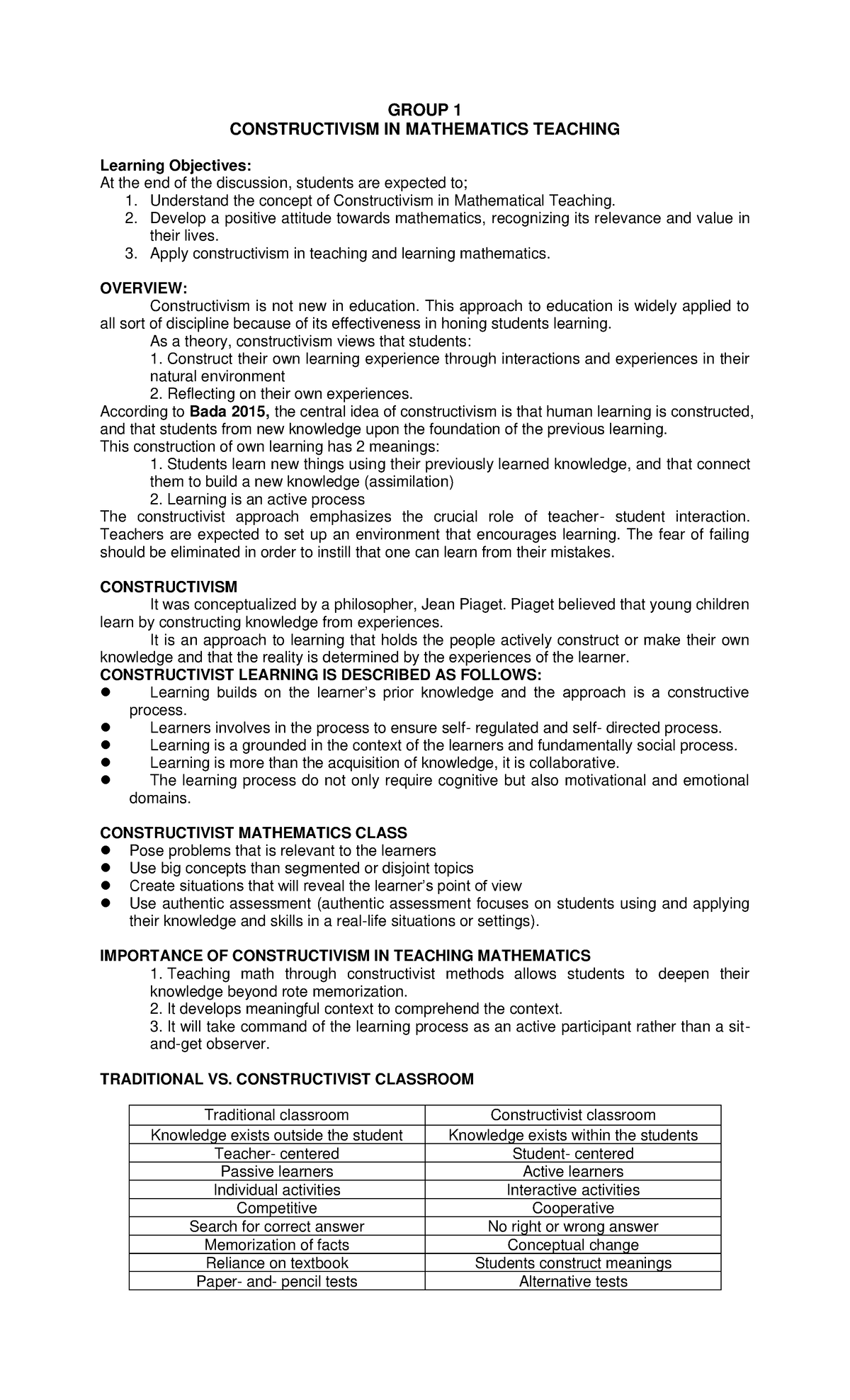 Constructivism-IN- Mathematics- Teaching - GROUP 1 CONSTRUCTIVISM IN ...