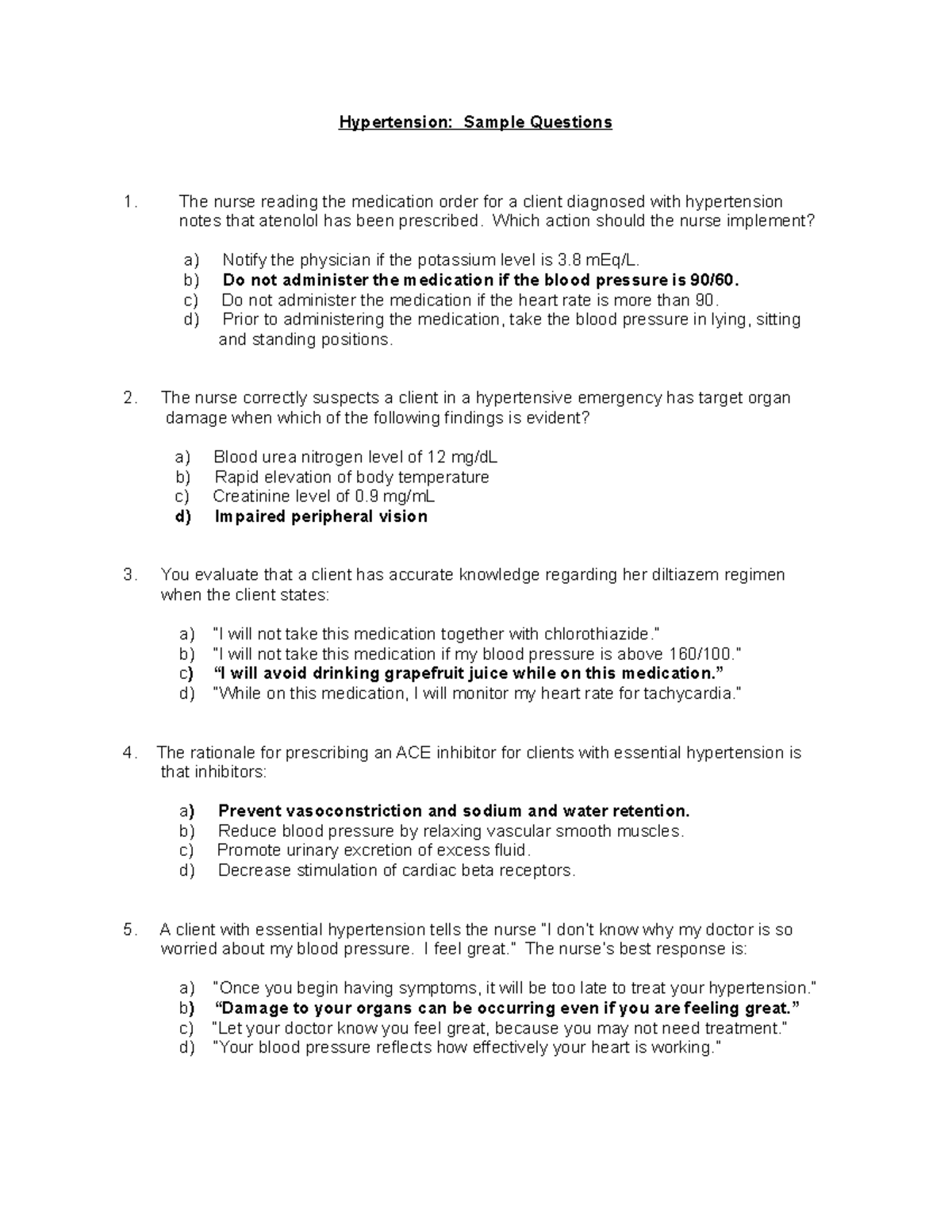 Hypertension Sample Q's 2021 - Hypertension: Sample Questions The nurse ...