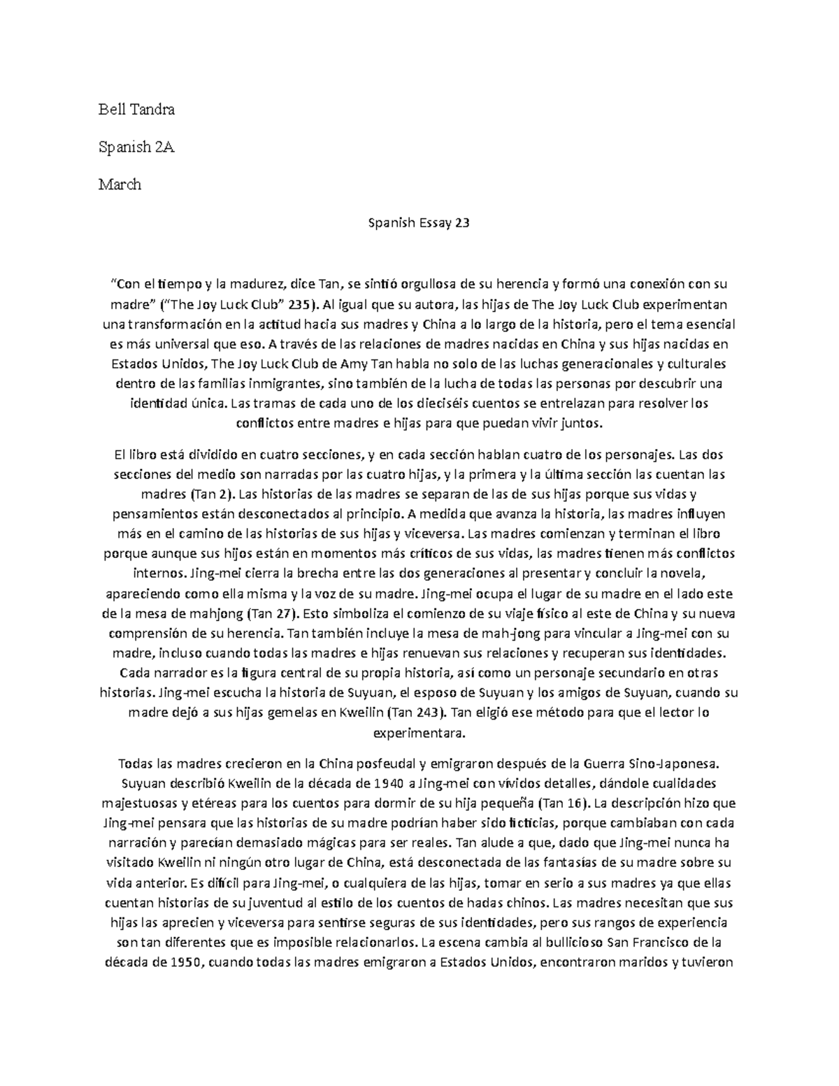Spanish 2B Essay Twenty-Three - Bell Tandra Spanish 2A March Spanish ...