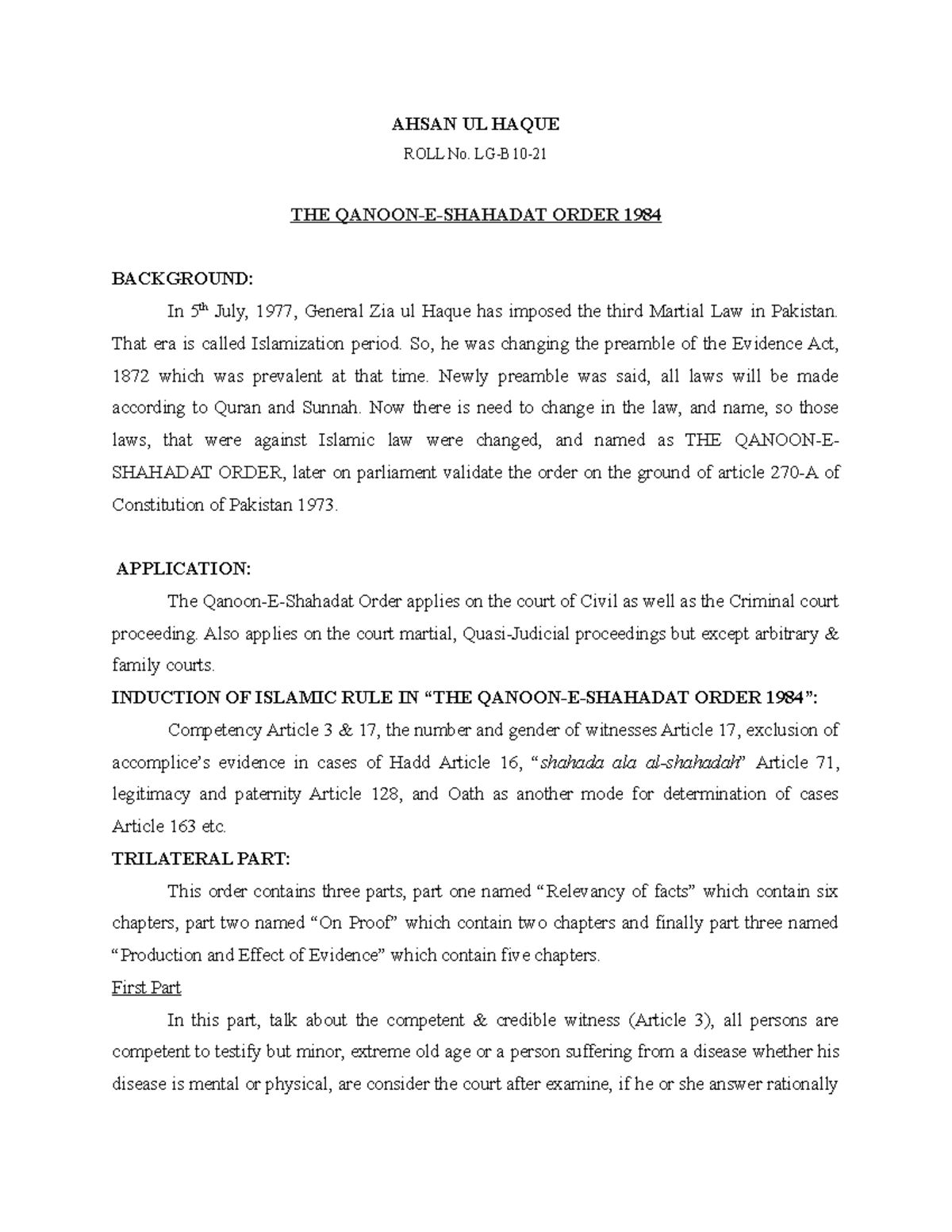 Qanun E Shahadat 1984 - Evidence act related chapter - AHSAN UL HAQUE ...