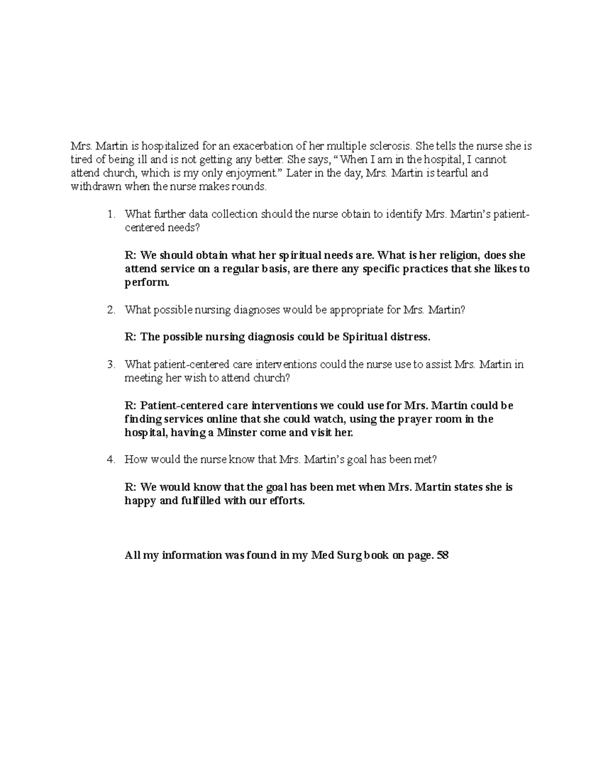 Geri Week 1 Essay Mrs Martin Is Hospitalized For An Exacerbation Of Her Multiple Sclerosis