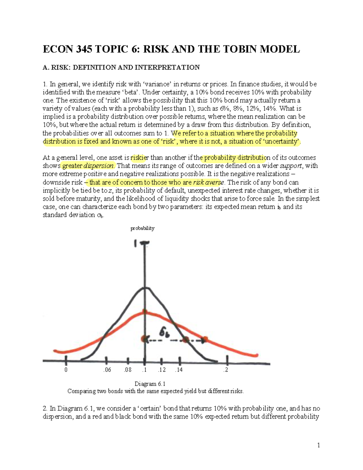 RISK AND Tobin Model - ECON 345 TOPIC 6: RISK AND THE TOBIN MODEL A ...