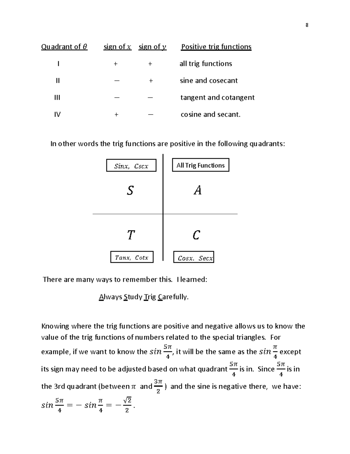 Review of Trig - Calculus With Analytic Geometry I - Quadrant of 𝜃 sign ...