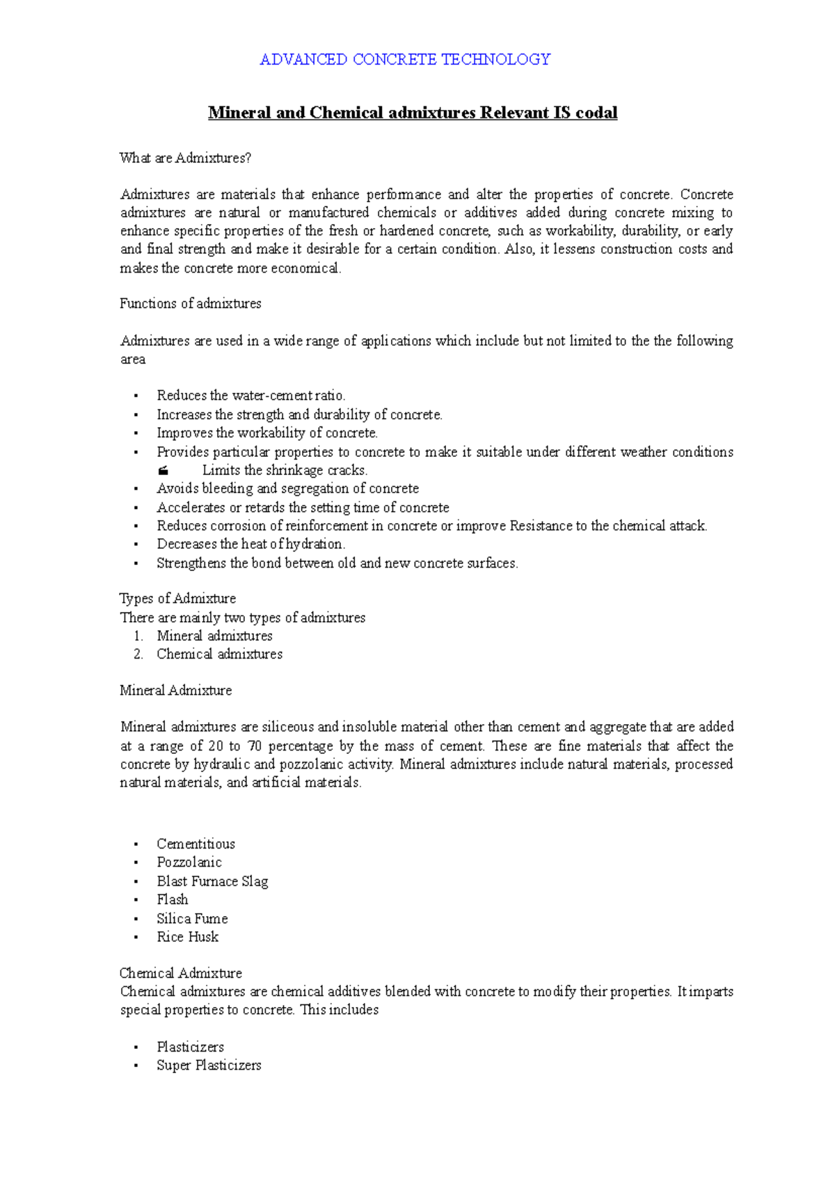 Mineral and Chemical admixtures Relevant IS codal - Concrete admixtures ...