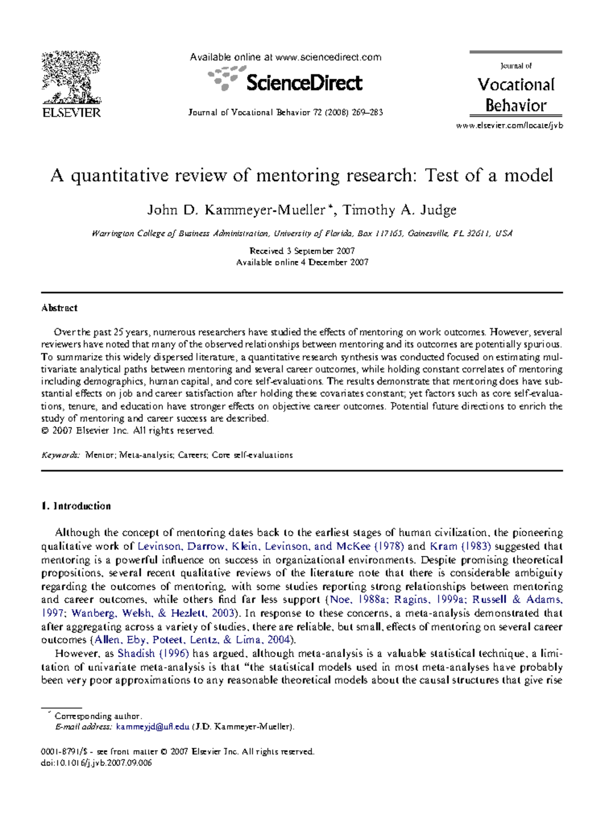 A quantitative review of mentoring research Test of a Model - Kammeyer ...