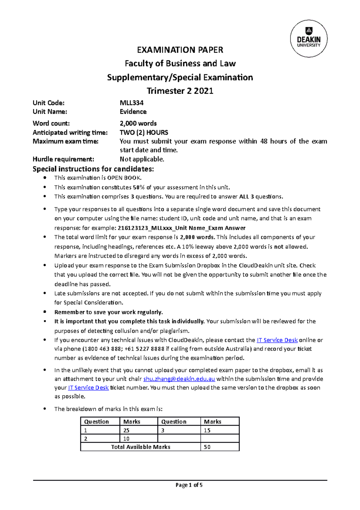 T2 2021 MLL334 Supplemental Exam - EXAMINATION PAPER Faculty of ...