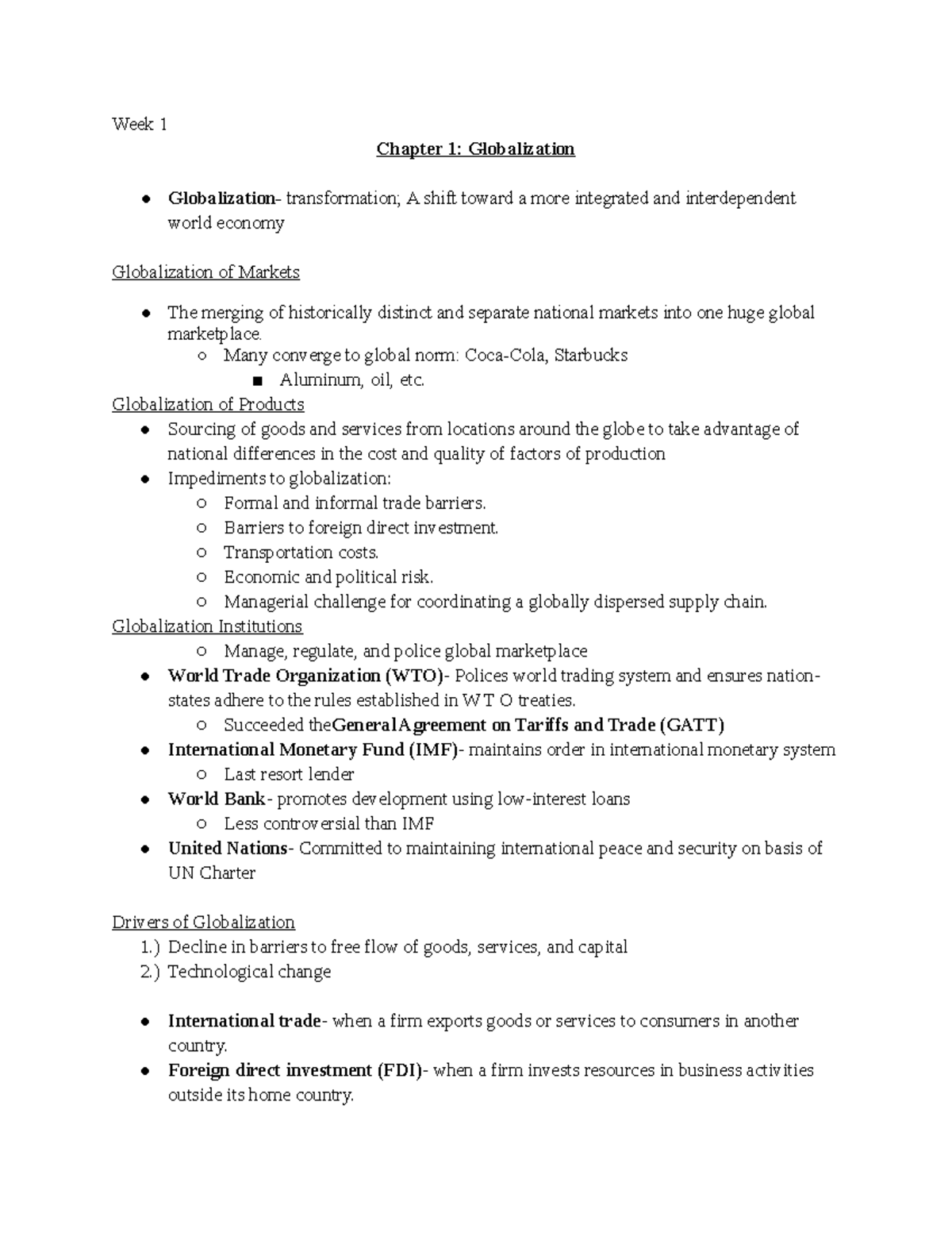 International Business Chapter 1 - Week 1 Chapter 1: Globalization Globalization- transformation ...