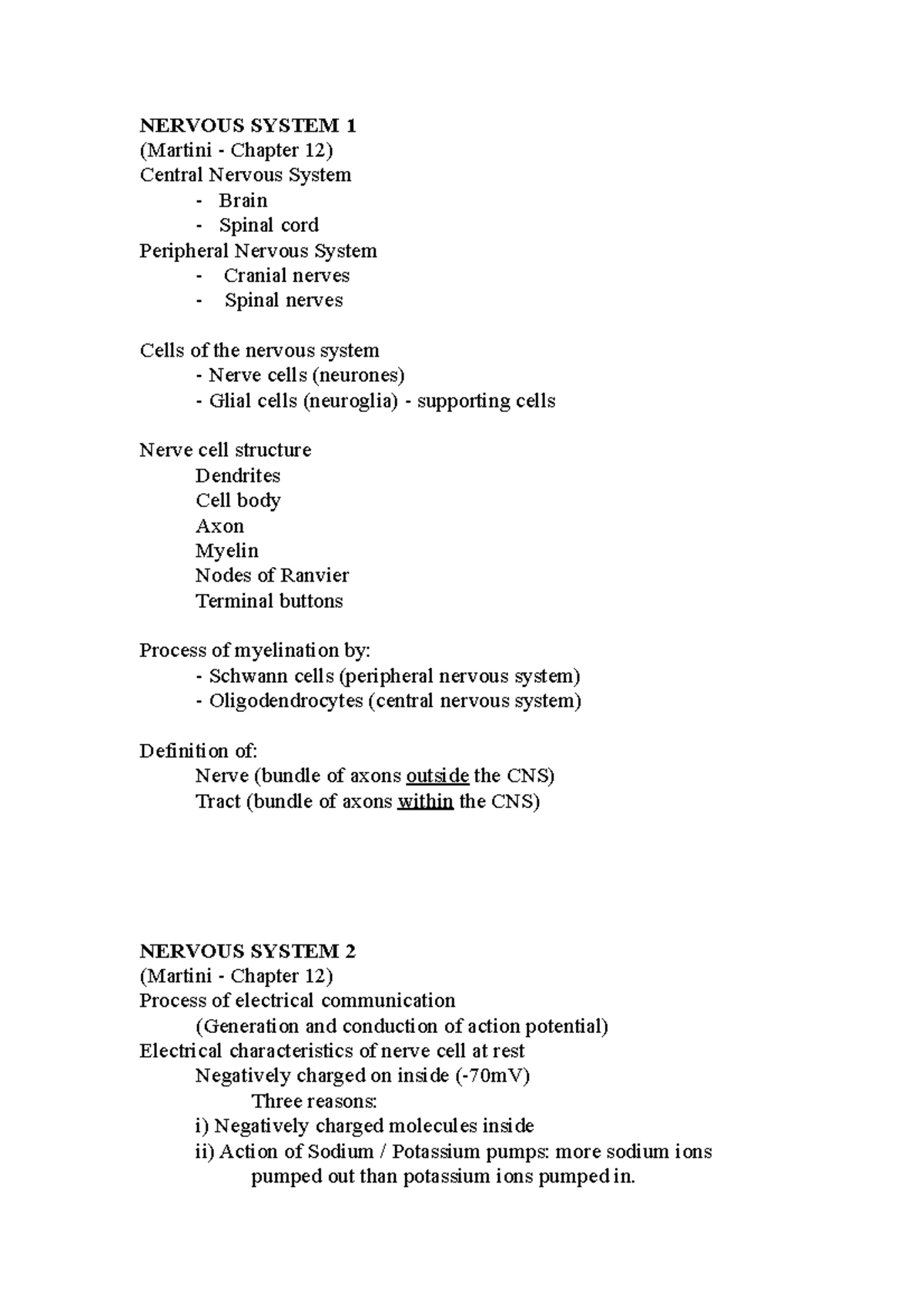 Physiology A Nerve And Muscle Lecture Outlines Lects 1 6 Martini Chapter 12 Central
