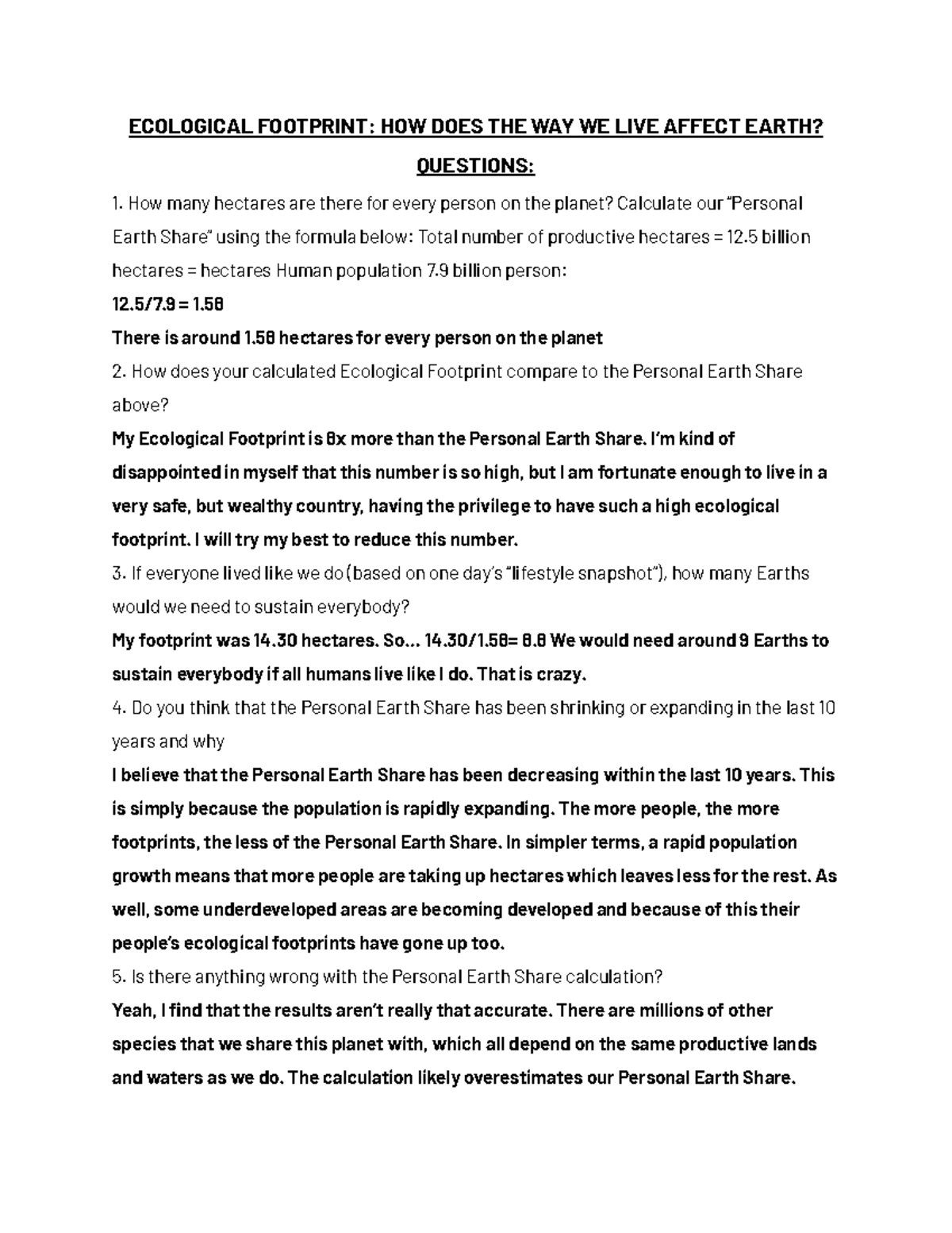 Ecological Footprint Questions - ECOLOGICAL FOOTPRINT: HOW DOES THE WAY ...