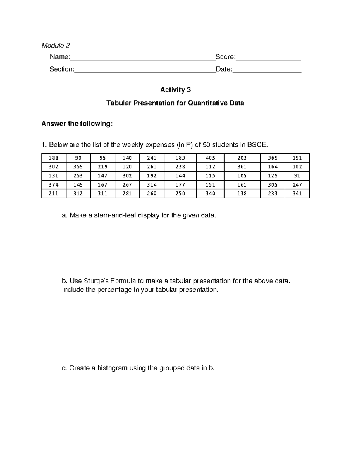 Remaining Activities for statistics - Module 2 Name ...