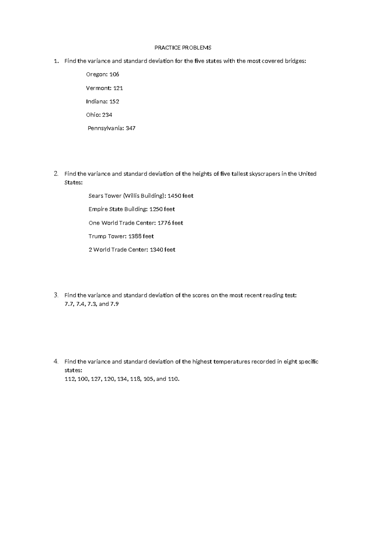 Summer Week 3- Activity - PRACTICE PROBLEMS 1. Find the variance and ...