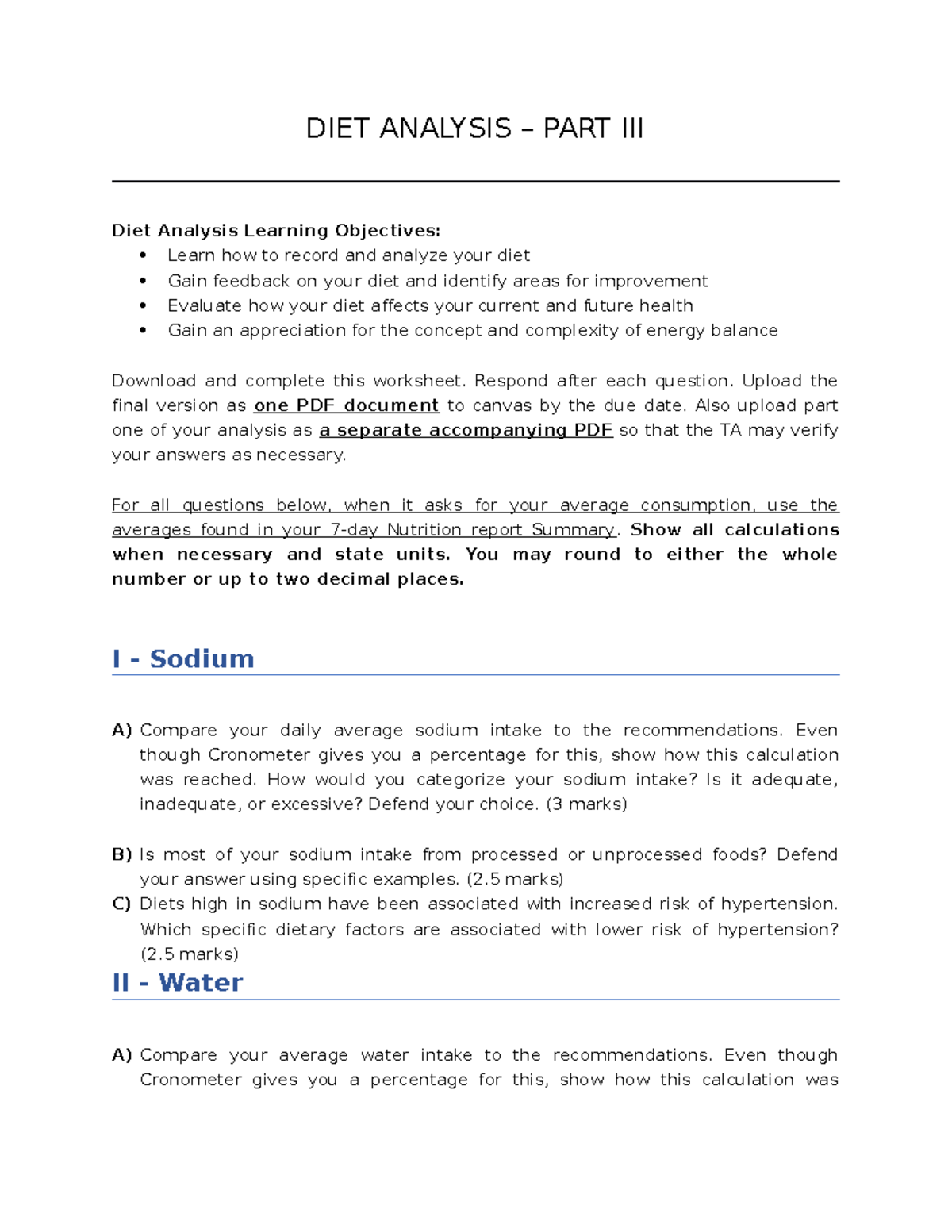 Diet Analysis Part 3 - DIET ANALYSIS – PART III Diet Analysis Learning ...