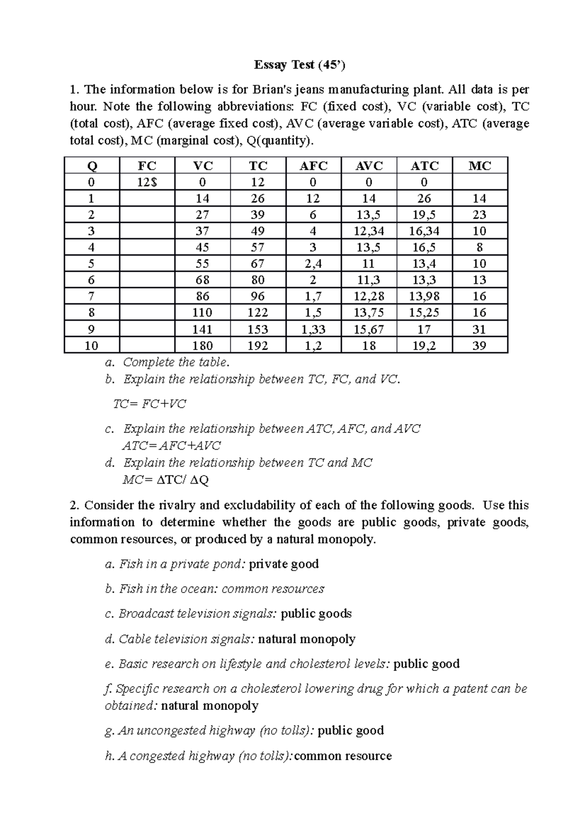Essay Test ECO 111 - Essay Test (45’) The information below is for ...