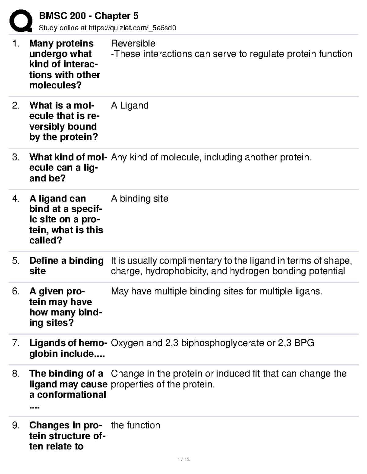 BMSC 200 Chapter 5 Study: Protein Interactions Ligands and Oxygen ...