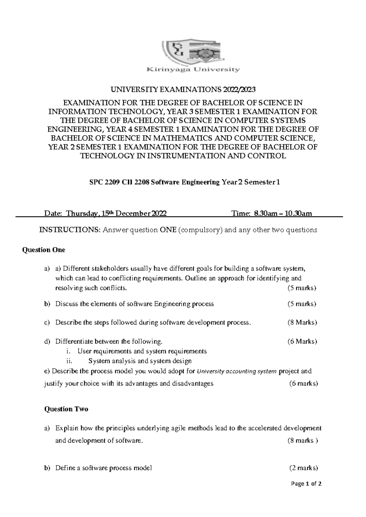 SPC 2209 CII 2208 Software Engineering Year 2 Semester 1 - Page 1 of 2 ...