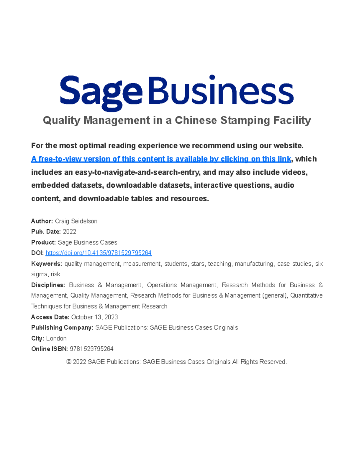 Quality Management Assignment - Quality Management in a Chinese Stamping Facility For the most ...
