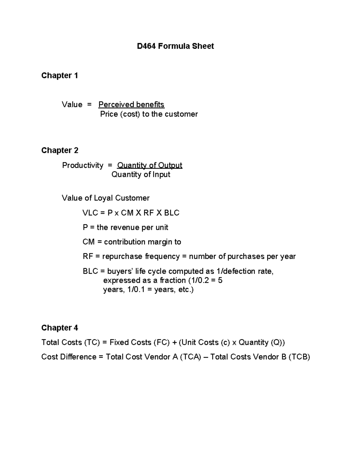 D464 Formulas Sheet (1) - D464 Formula Sheet Chapter 1 Value ...
