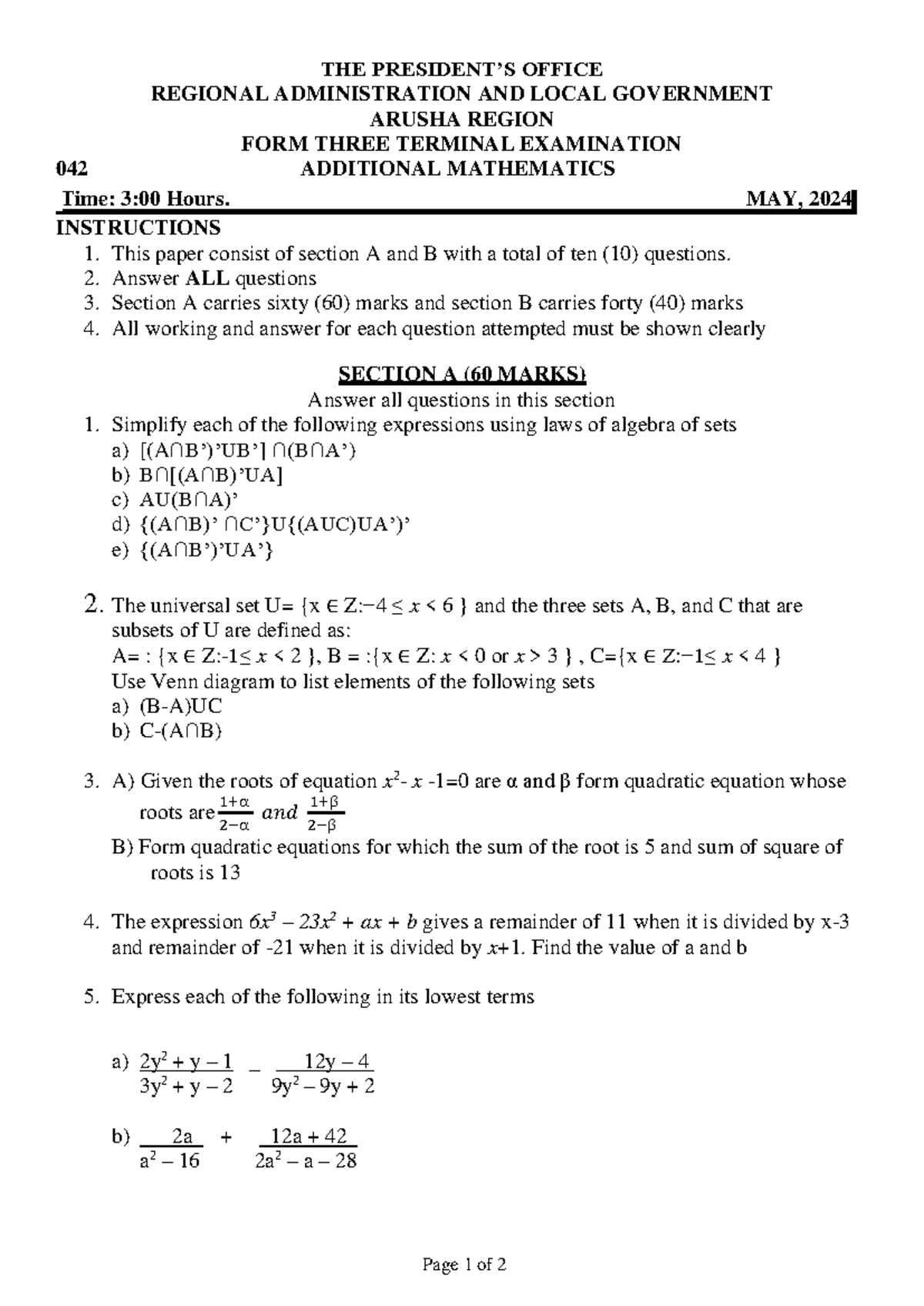 Mathematics For Economists Page 1 Of 2 The Presidents Office Regional Administration And