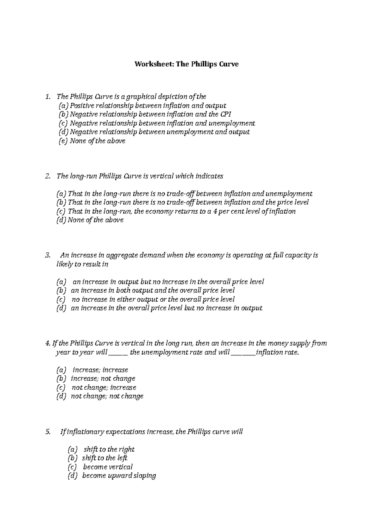 Tutorial 9 Phillips curve - Microeconomics - UL - Studocu