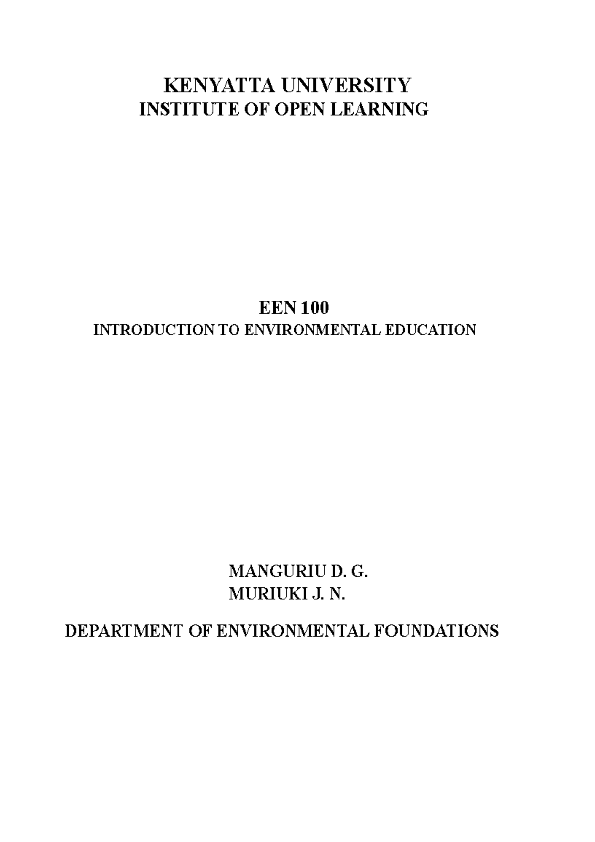 Introduction TO Environmental Education - KENYATTA UNIVERSITY INSTITUTE OF OPEN LEARNING EEN 100 ...