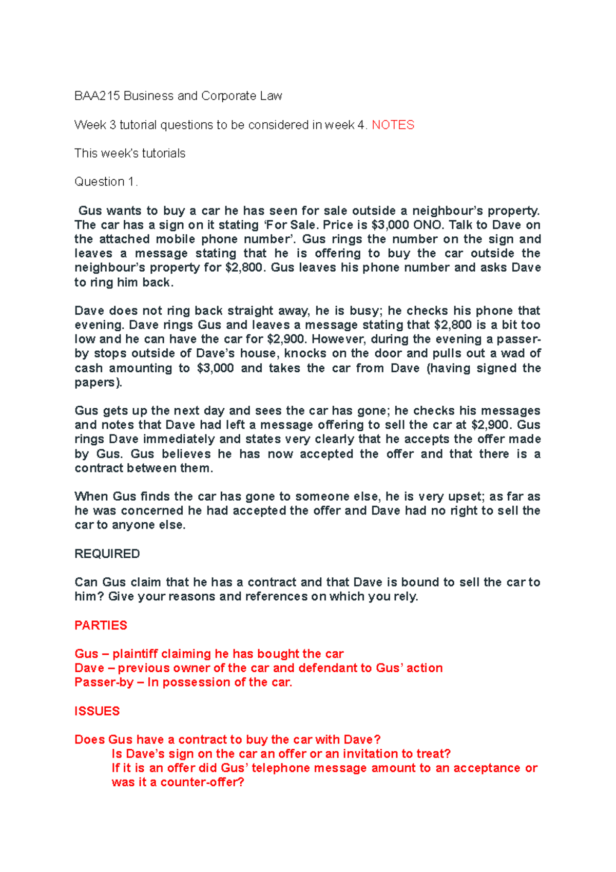 Tutorial questions - week 3 Notes - BAA215 Business and Corporate Law ...