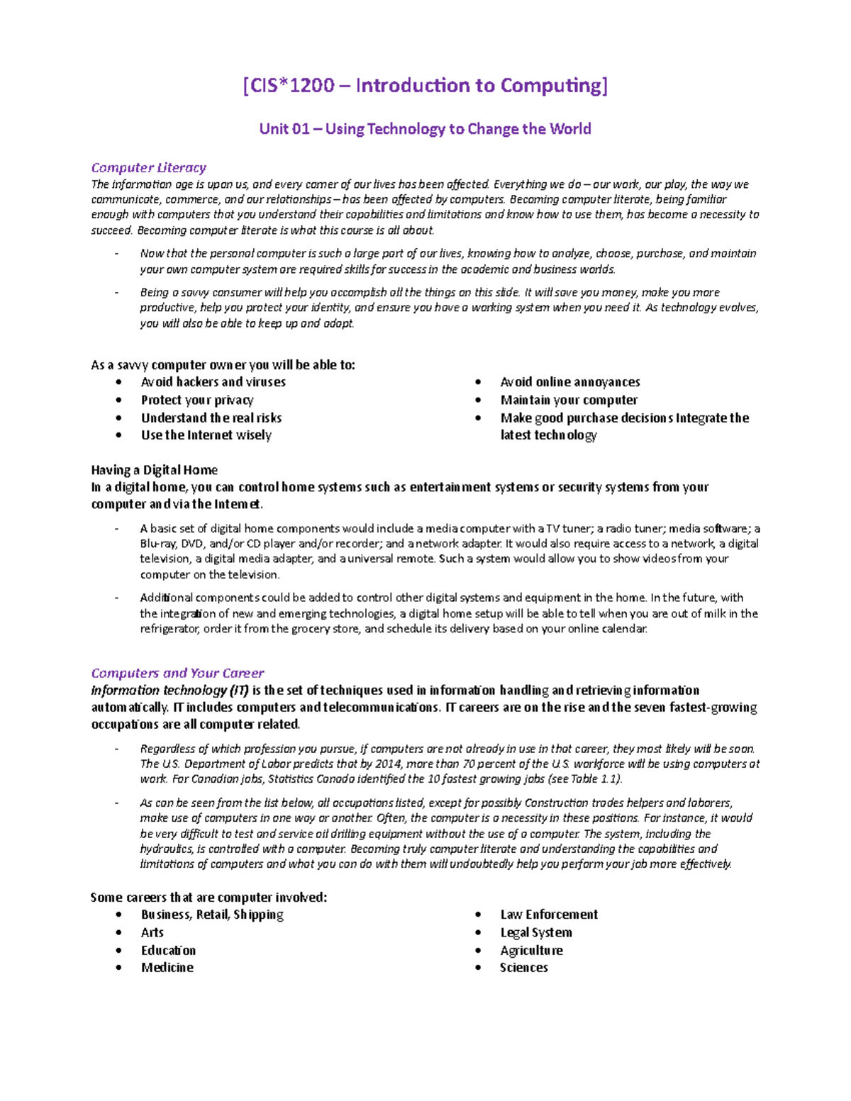 CIS*1200 - Unit 1 Notes - [CIS*1200 – Introduc2on to Compu2ng] Unit 01 ...