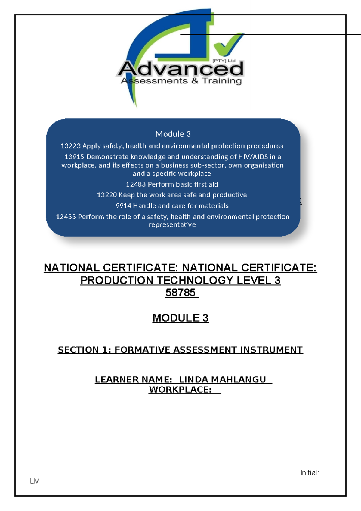 Module 3 FA Linda 094142 - NATIONAL CERTIFICATE: NATIONAL CERTIFICATE ...