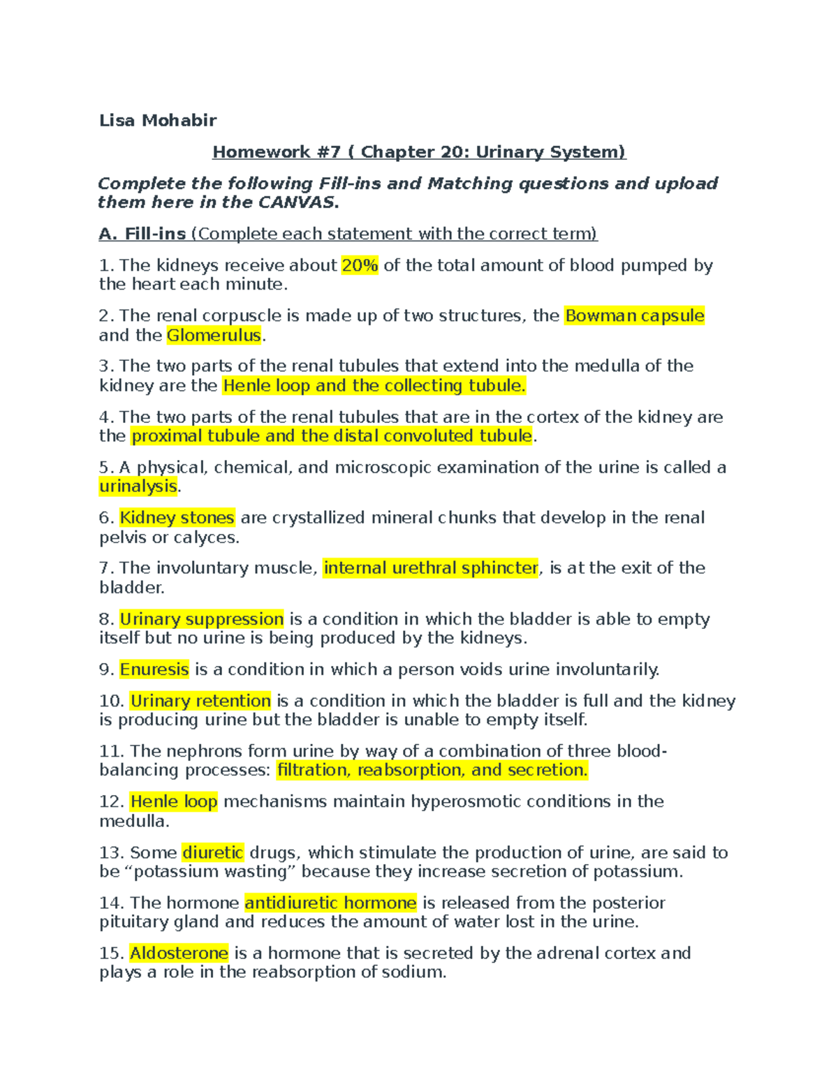 Homework #7 ( Chapter 20- Urinary System) - Lisa Mohabir Homework #7 ...