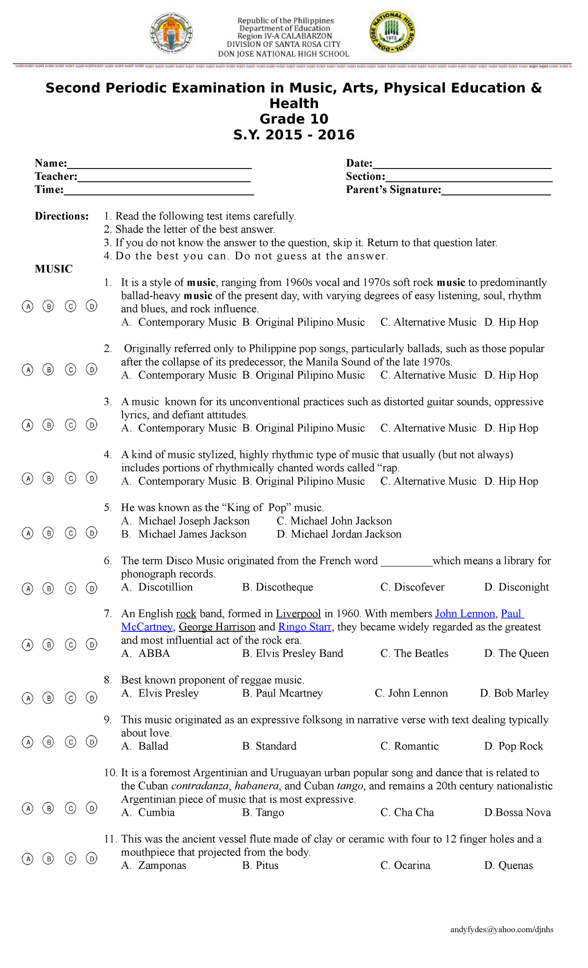 283675091 Second Periodic Examination in Mapeh 10 - Second Periodic ...