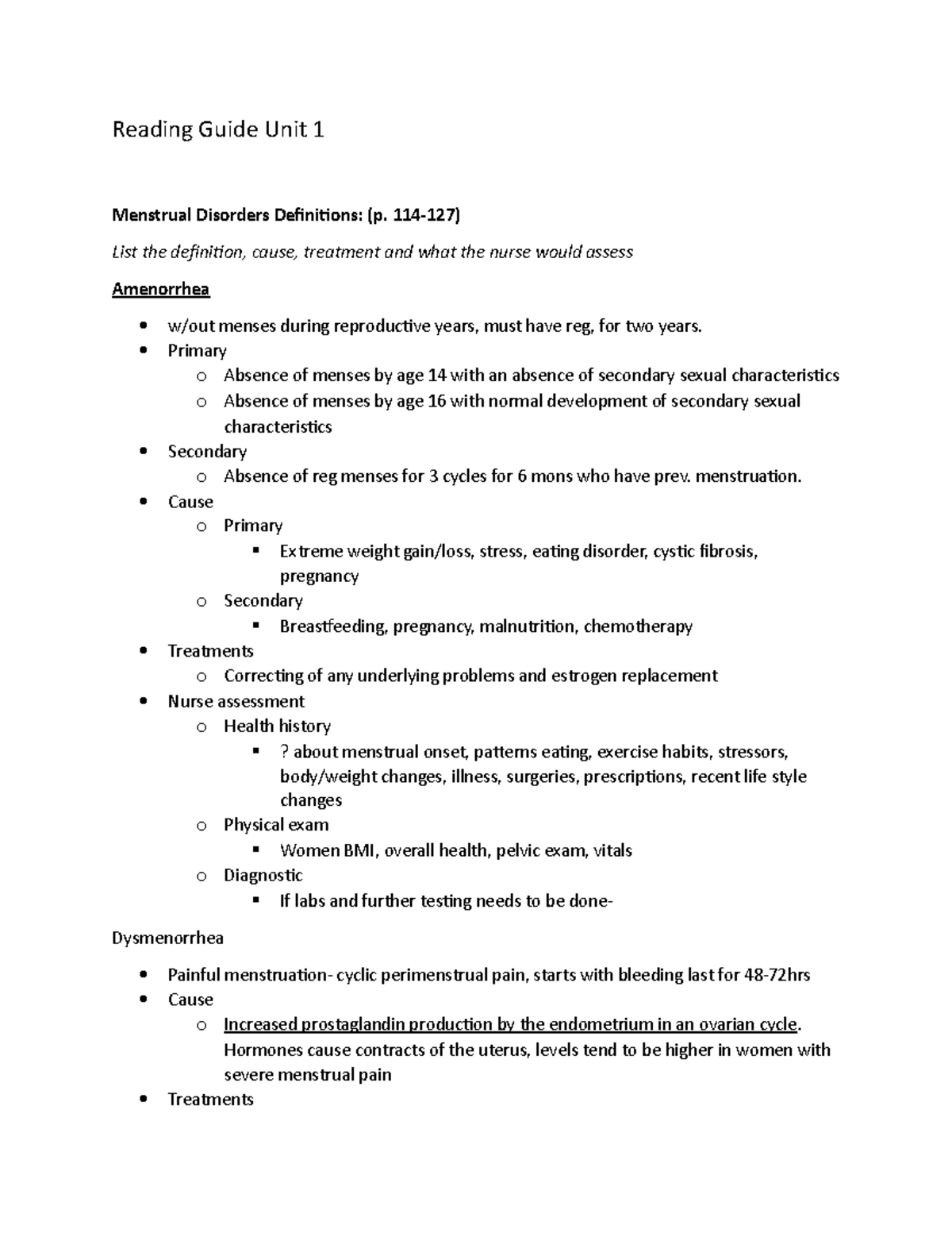 Reading Guide Unit 1a WC - Reading Guide Unit 1 Menstrual Disorders ...
