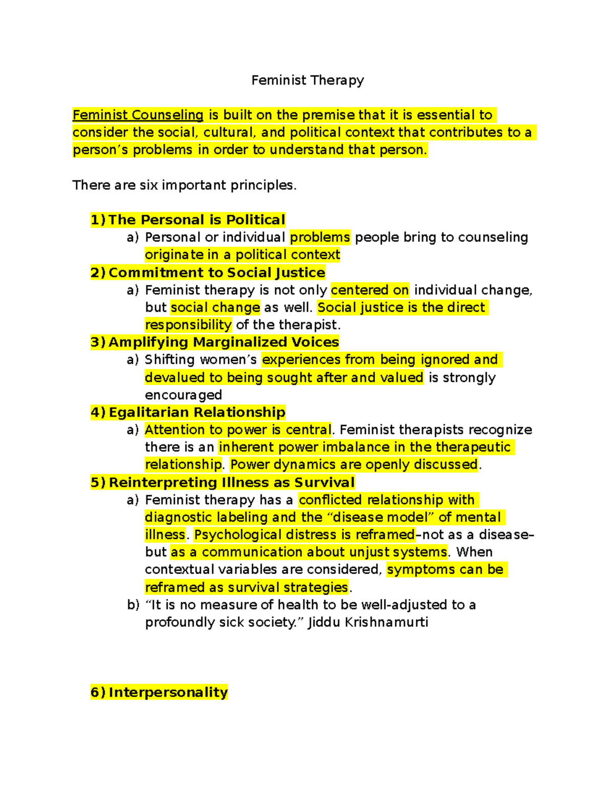 Feminist Therapy Principles and Practices - Studocu