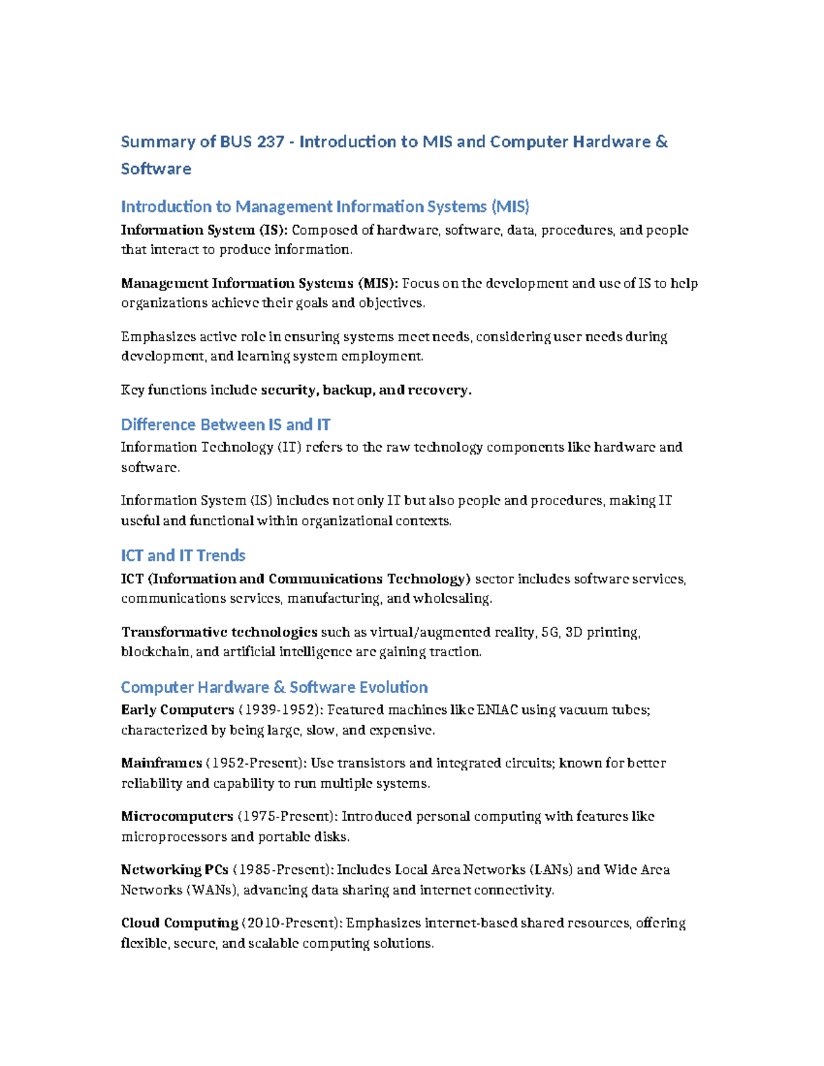 MIS and Computer Hardware Software Summary - Summary of BUS 237 - Introduction to MIS and ...